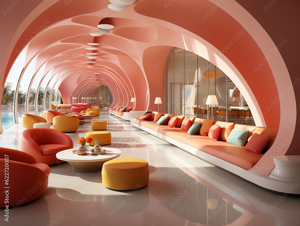 Lounge area design with an organic design concept, abstract and full of ...