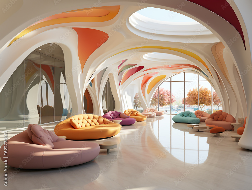 Lounge area design with an organic design concept, abstract and full of ...