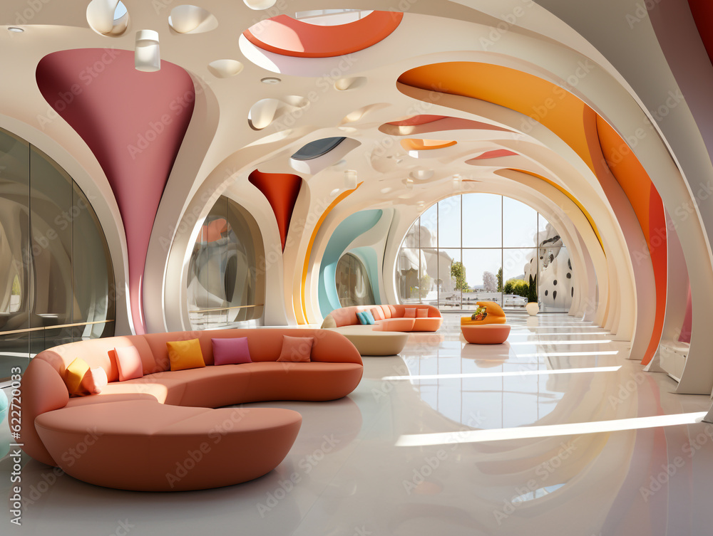 Lounge area design with an organic design concept, abstract and full of ...