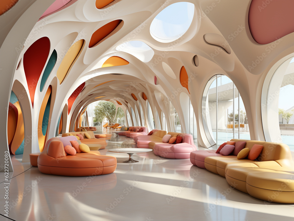 Lounge area design with an organic design concept, abstract and full of ...