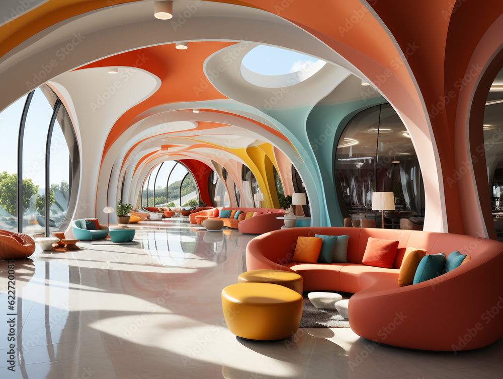 Lounge area design with an organic design concept, abstract and full of ...