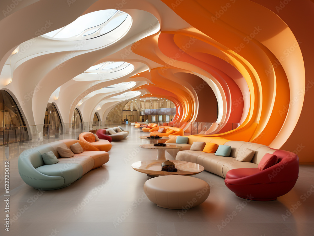 Lounge area design with an organic design concept, abstract and full of ...