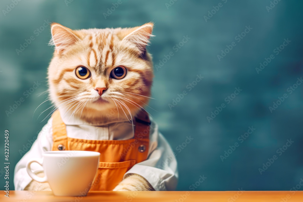 Cute cat baristas standing in bar counter with cup of coffee in cafe ...