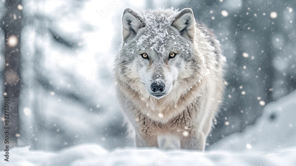 Very beautiful illustration of a wild polar wolf walking in a snowy ...