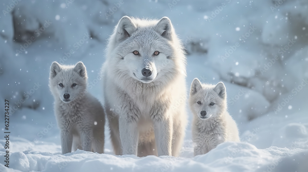 Very beautiful illustration of a polar wolf with cubs walking in a ...