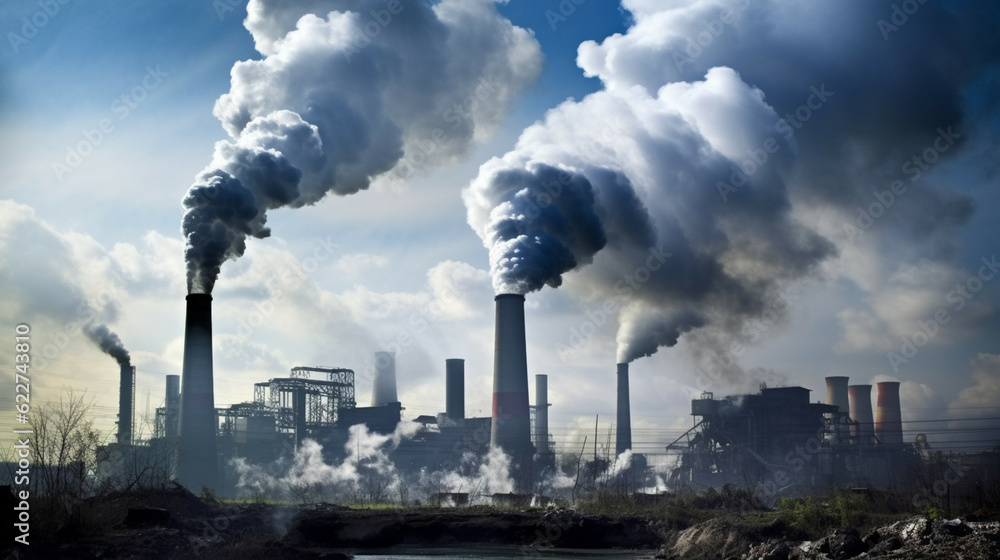 Power plant with polluting air. Global warming and ecology concept ...