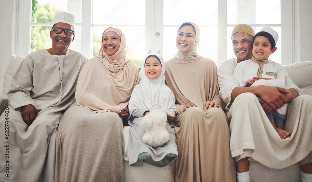 Smile, Islam and big family on sofa for Eid with parents, grandparents ...