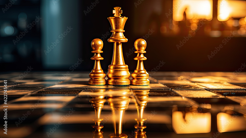 Set of luxury golden chess pieces isolated on dark background. The ...