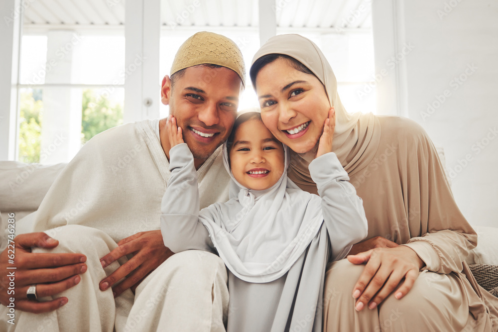 Portrait of parents, child on sofa and Islam, smile for Eid with mom ...