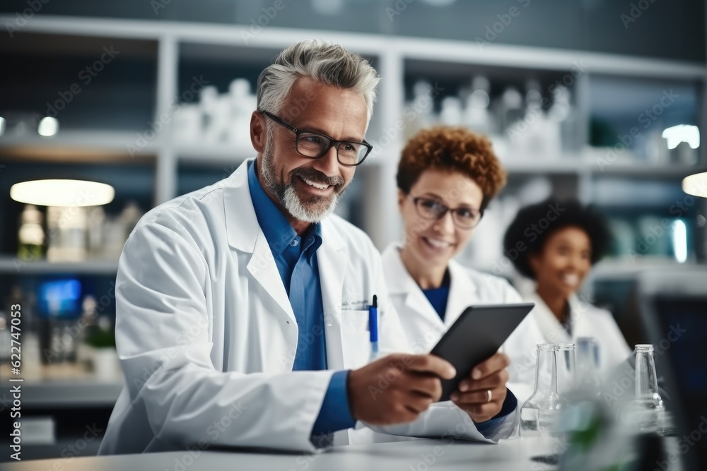 Two Scientists Working Together Analysing Samples, Discussing ...