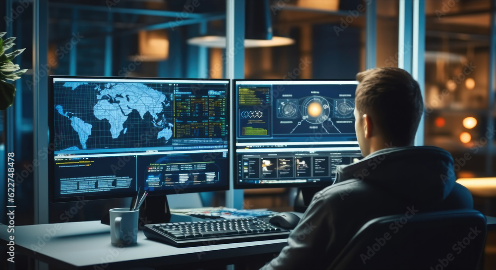 IT Specialist Works on Personal Computer with Screens Showing Software Program with Coding ...