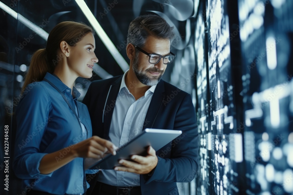 Two IT Engineers Standing in Working Data Center, Explaining Things ...