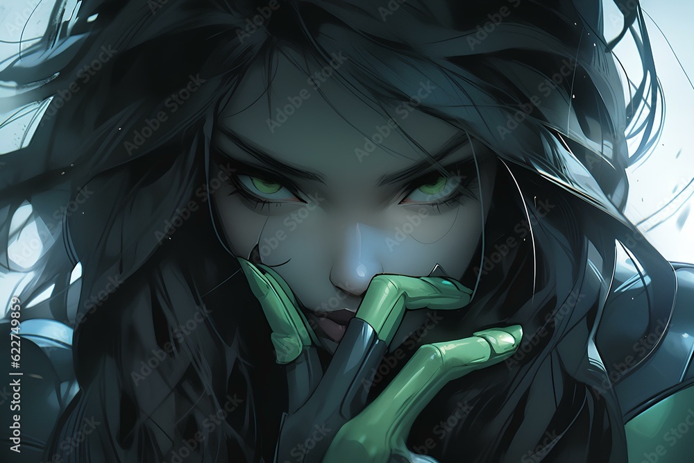 Dark green-skinned alien female warrior in the style of realistic sci ...