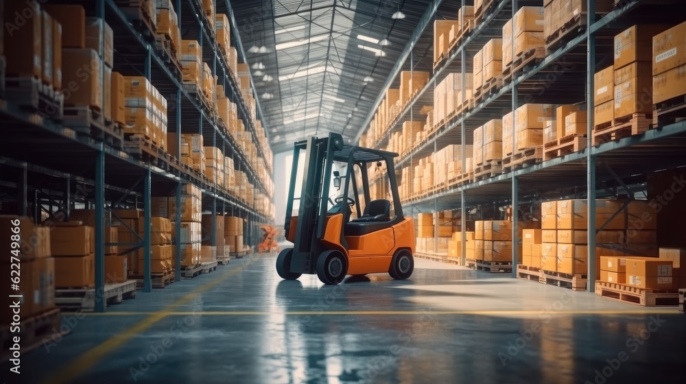 Forklift in the large modern warehouse, Large goods warehouse with ...