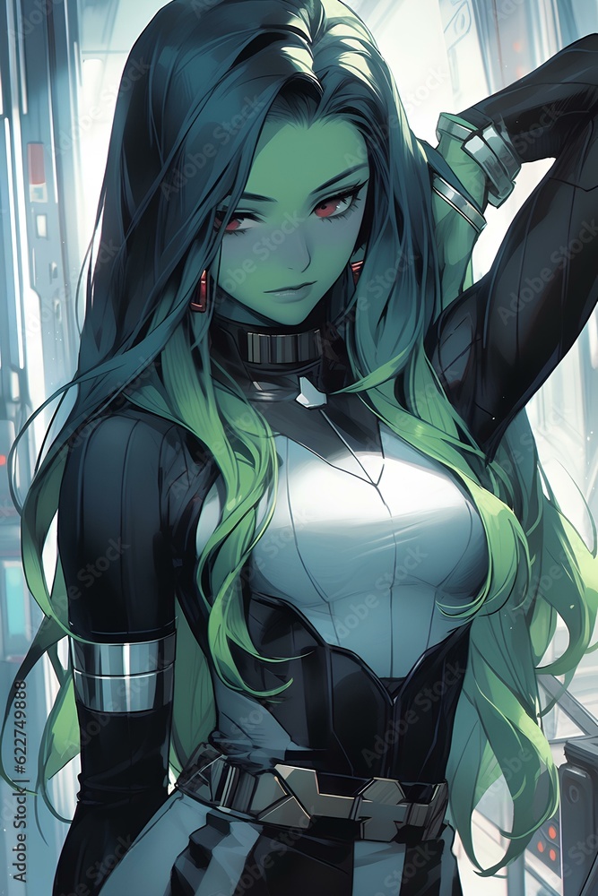 Dark green-skinned alien female warrior in the style of realistic sci ...