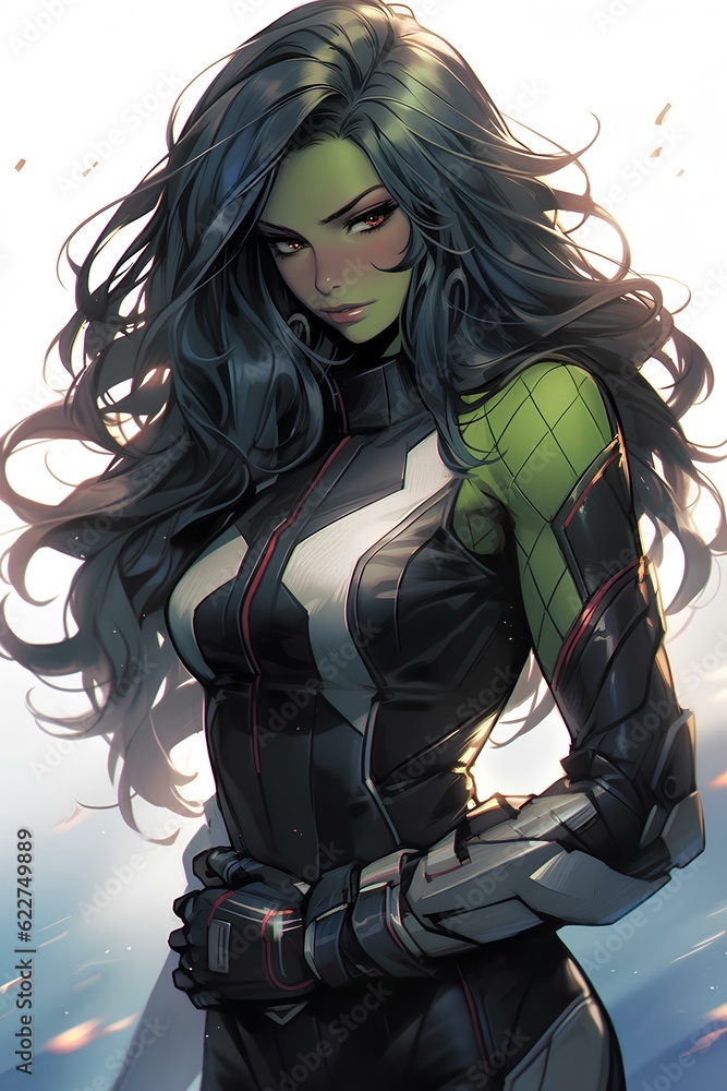 Dark green-skinned alien female warrior in the style of realistic sci ...