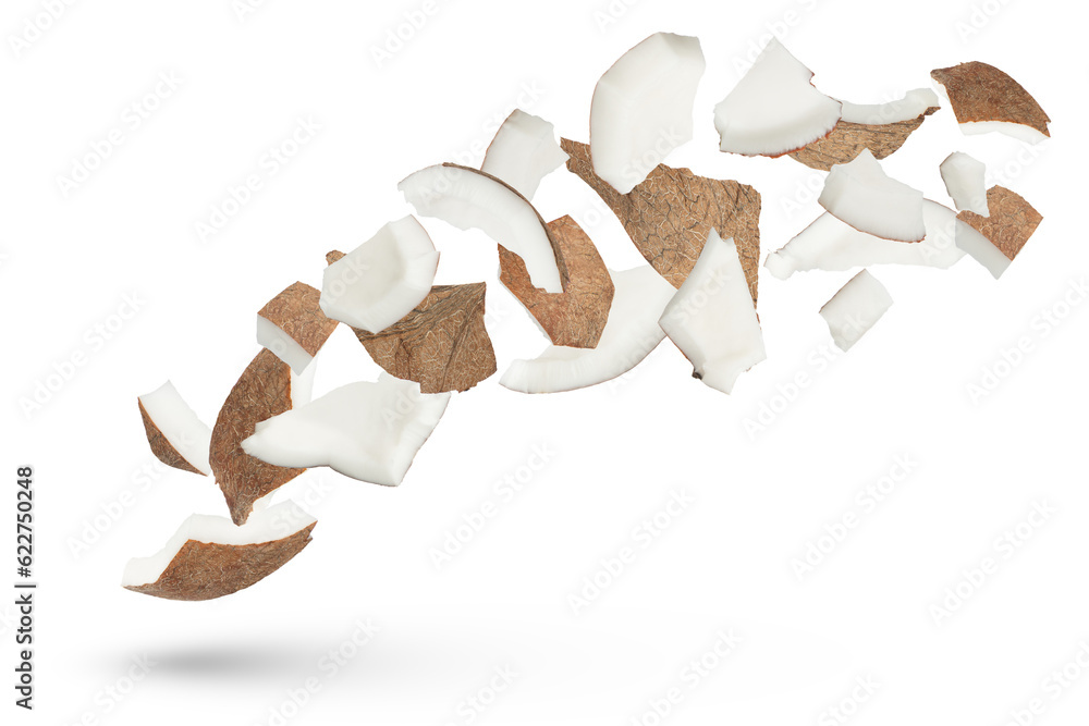 Coconut slices on a white isolated background. Coconut slices scatter ...