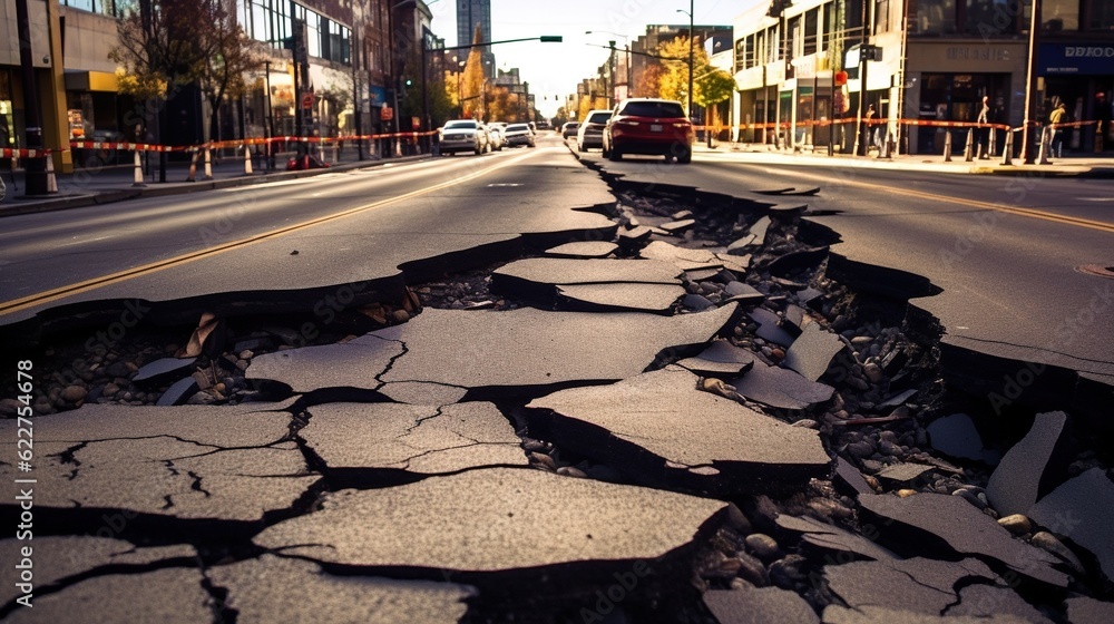 A city street exhibits cracks and damages caused by an earthquake, as ...