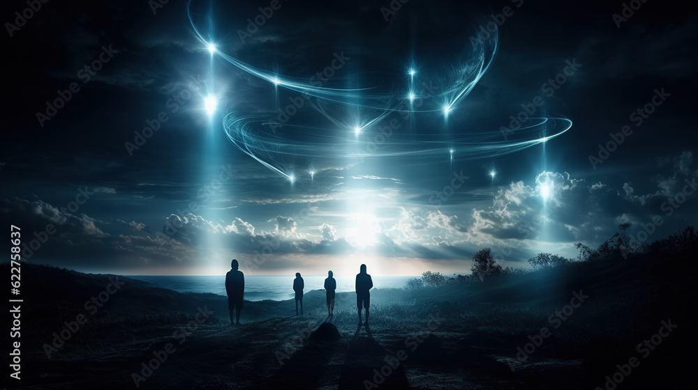 People observing supernatural blue lights in the dark sky. Mystical ...