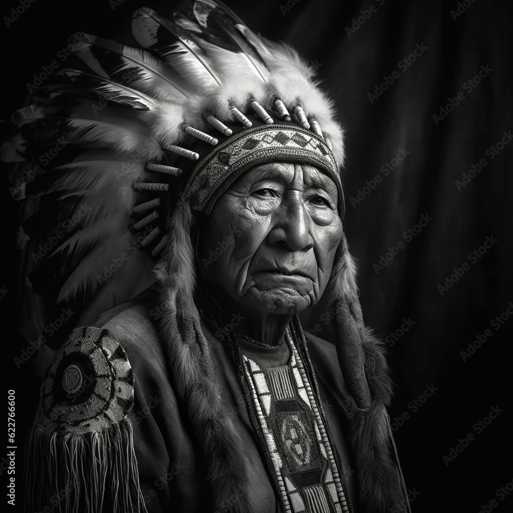 AI generated illustration of a grayscale portrait of a Native American ...