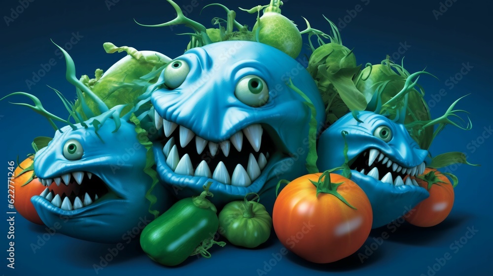 AI generated illustration of three cartoon monsters with bright ...