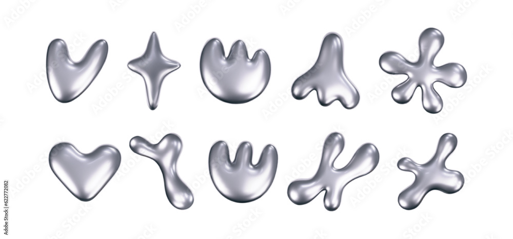 Chrome liquid 3d shapes in y2k style isolated on a white background ...