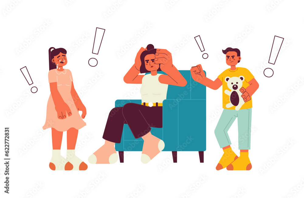 Bad parenting day flat vector spot illustration. Tired mom and siblings ...