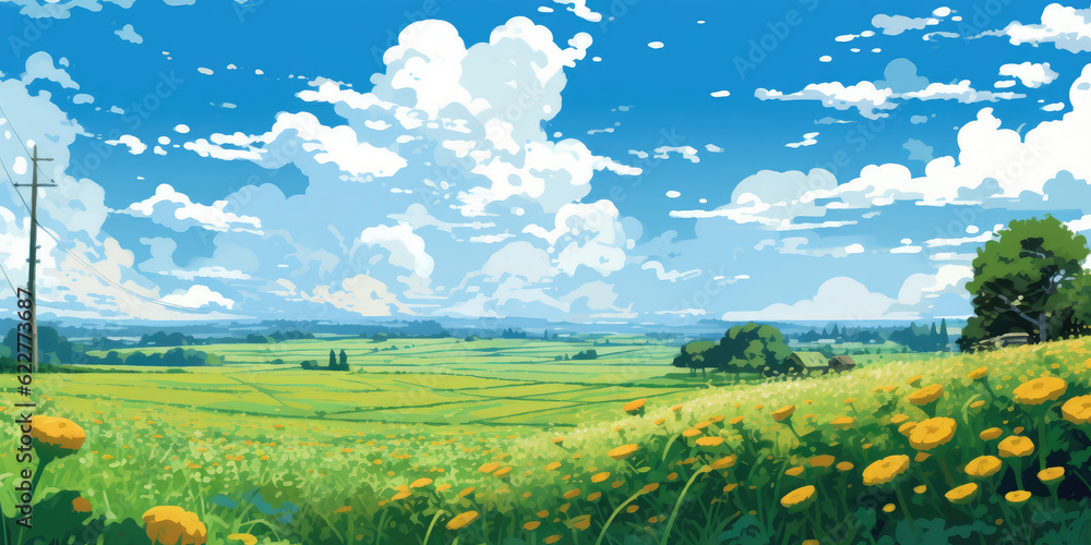 editorial illustration open field with flowers and clear blue sky with ...