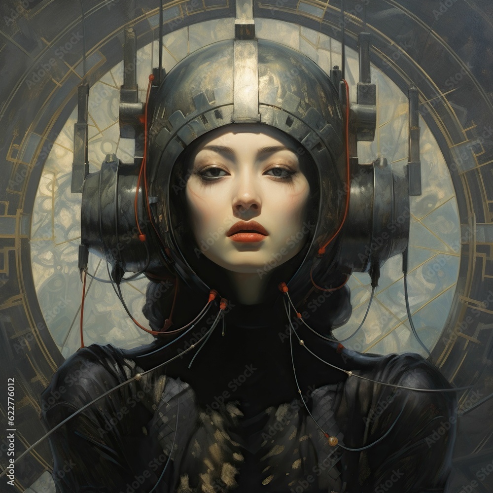 Young female wearing a futuristic helmet against a sci-fi background ...