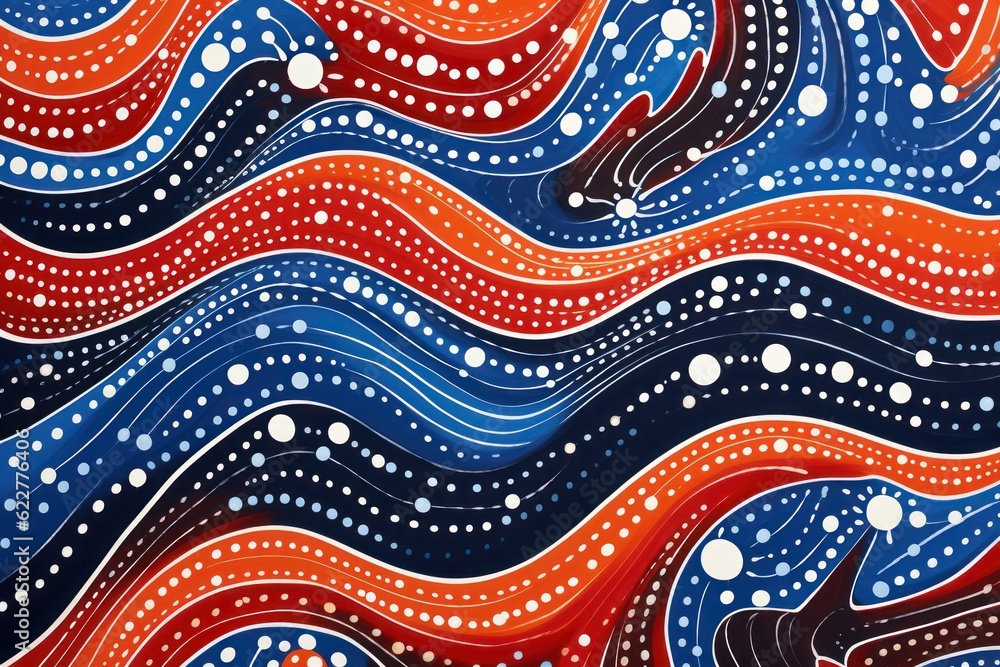 Abstract brightly colored aboriginal painting in red and blue. Wavy ...