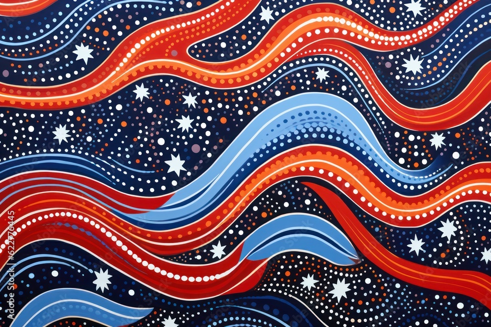 Abstract brightly colored aboriginal painting in red and blue. Wavy ...