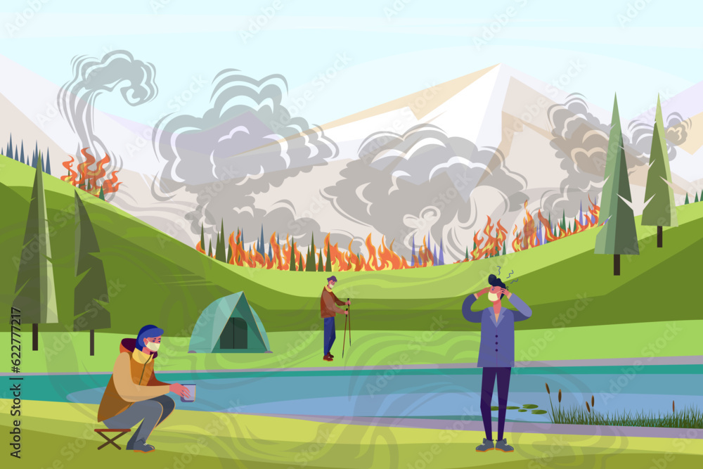 Smoke due to wildfires and people in masks vector illustration. Cartoon ...