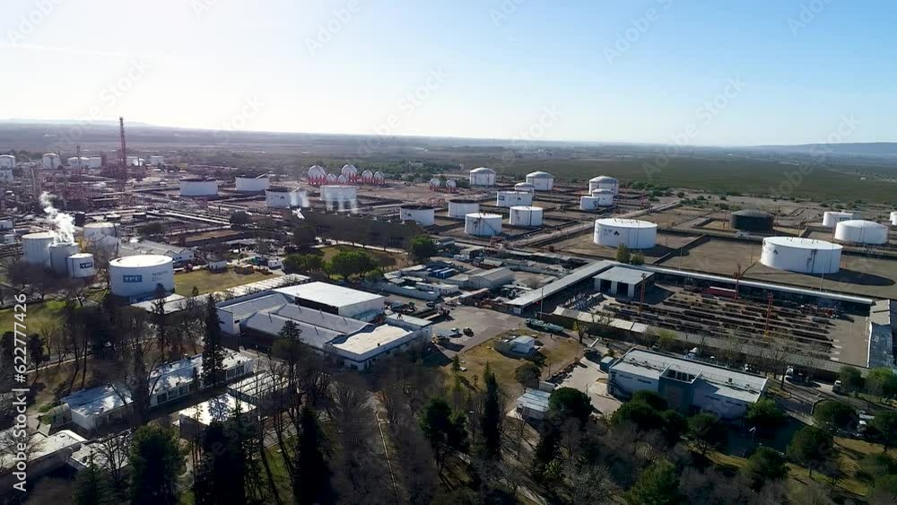 Lujan de Cuyo, Argentina, June 28, 2019: Aerial view oil refinery ...
