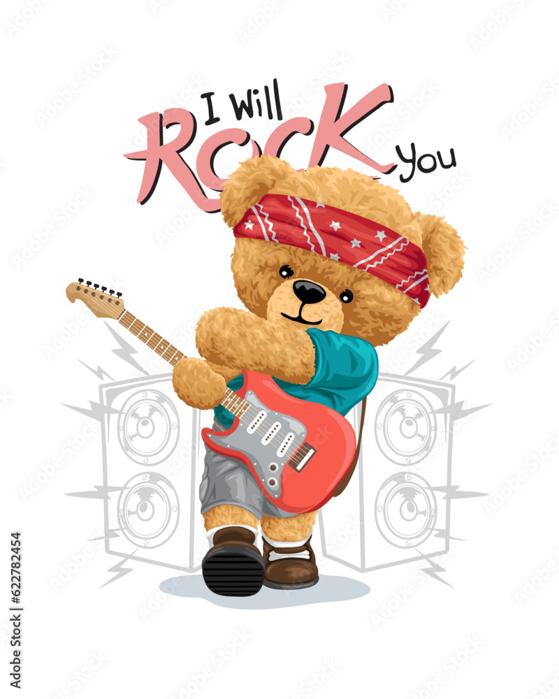 Vetor de Vector illustration of hand drawn teddy bear in rocker costume ...