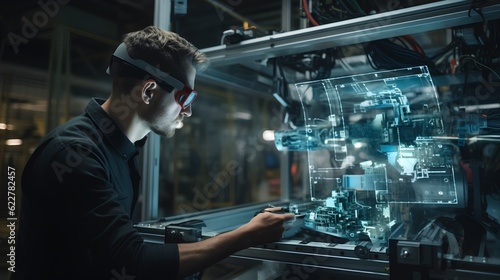 Engineer with AR glasses, overlaying digital instructions of a complex machine. Use of augmented ...