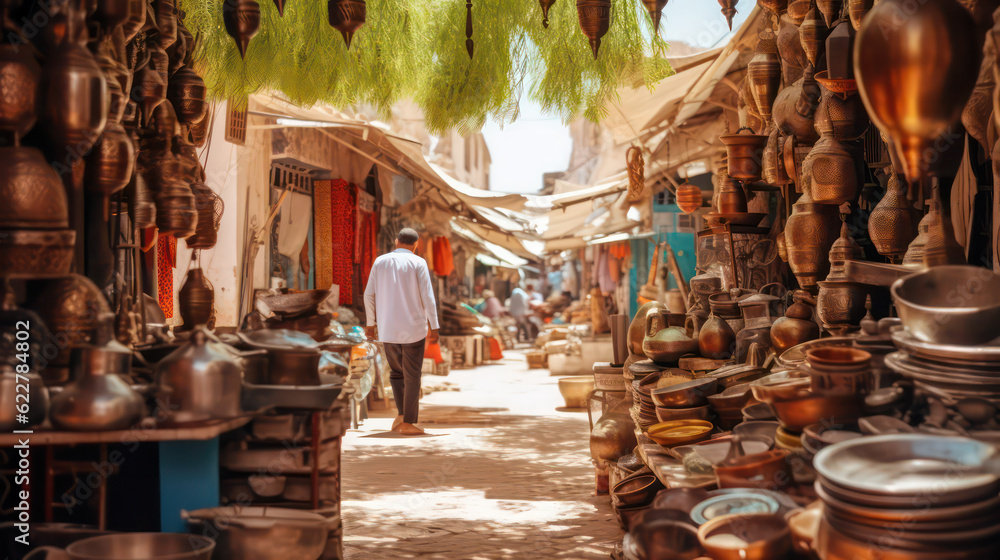 Colorful shopping street in the style of Djerba featuring pottery ...