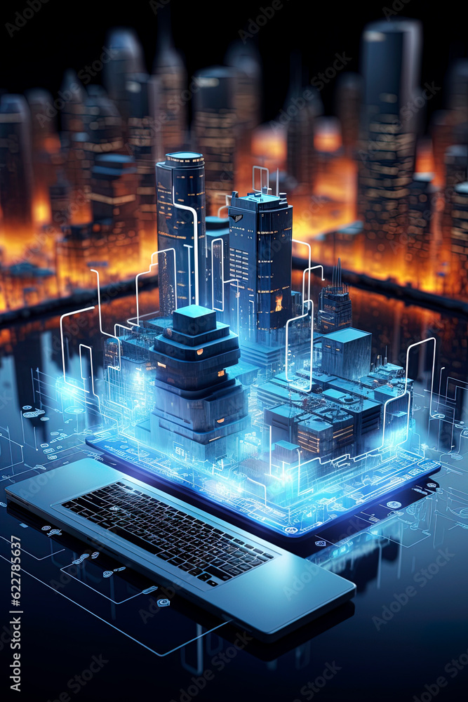 Generative AI computer screen view illustration of futuristic ...