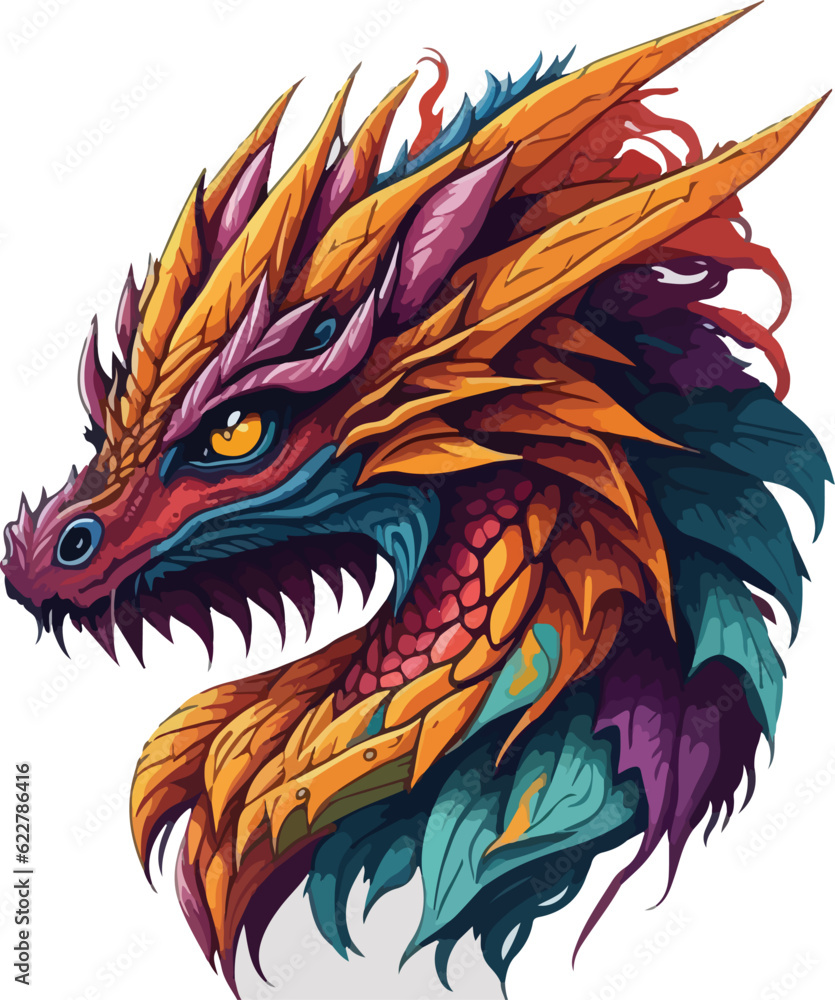 Colorful dragon face vibrant bold vivid colors t-shirt design vector ...