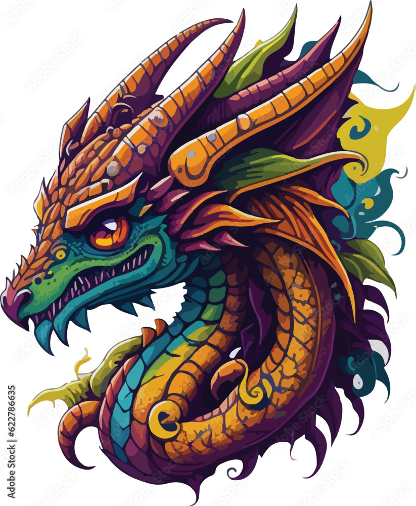 Colorful dragon face vibrant bold vivid colors t-shirt design vector ...