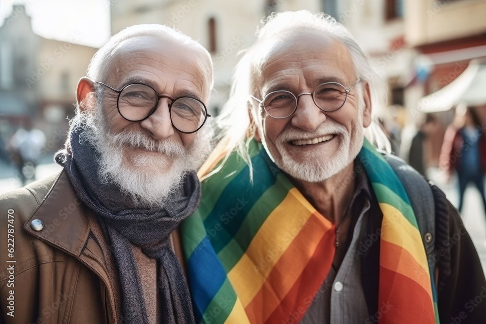 Generative AI illustration of positive bearded senior LGBT gay couple ...