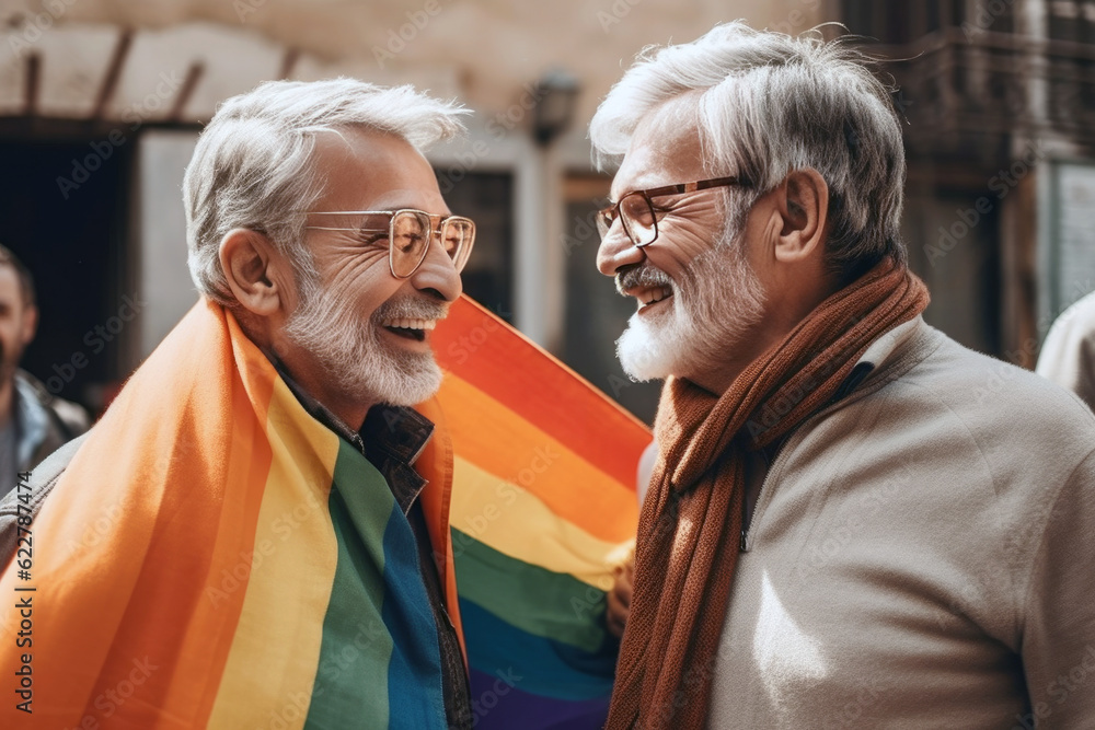 Generative AI illustration of side view positive bearded senior LGBT ...