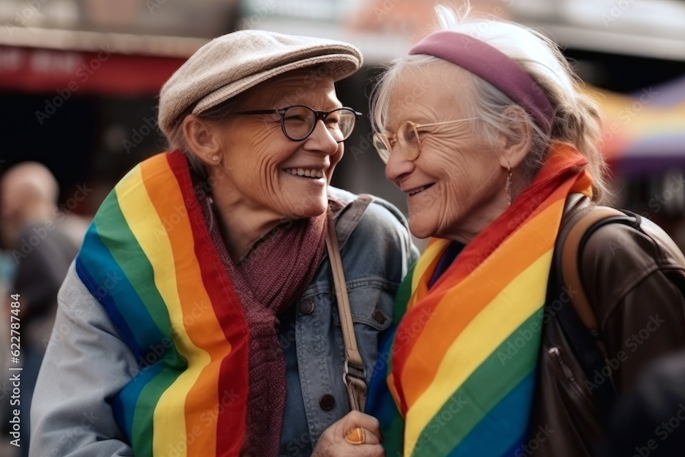 Generative AI illustration portrait of senior LGBT lesbian couple with ...