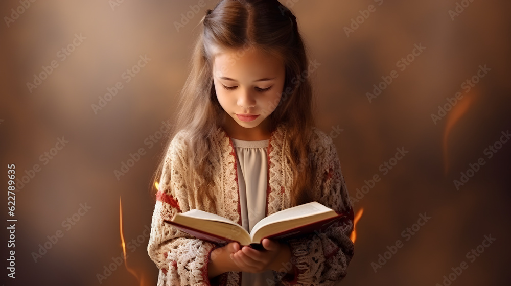 Cute child girl reading bible book. Worship at home. AI generated Stock ...