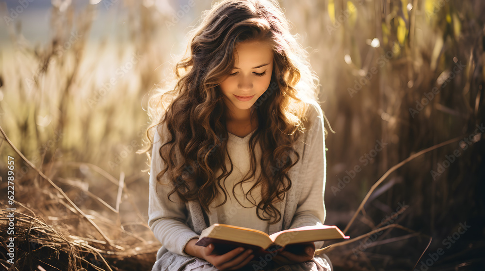 Pretty young woman reading bible book. AI generated Stock Photo | Adobe ...