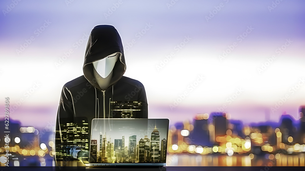 Double exposure image of anonymous hacker typing laptop with background ...