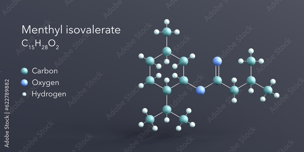 menthyl isovalerate molecule 3d rendering, flat molecular structure ...