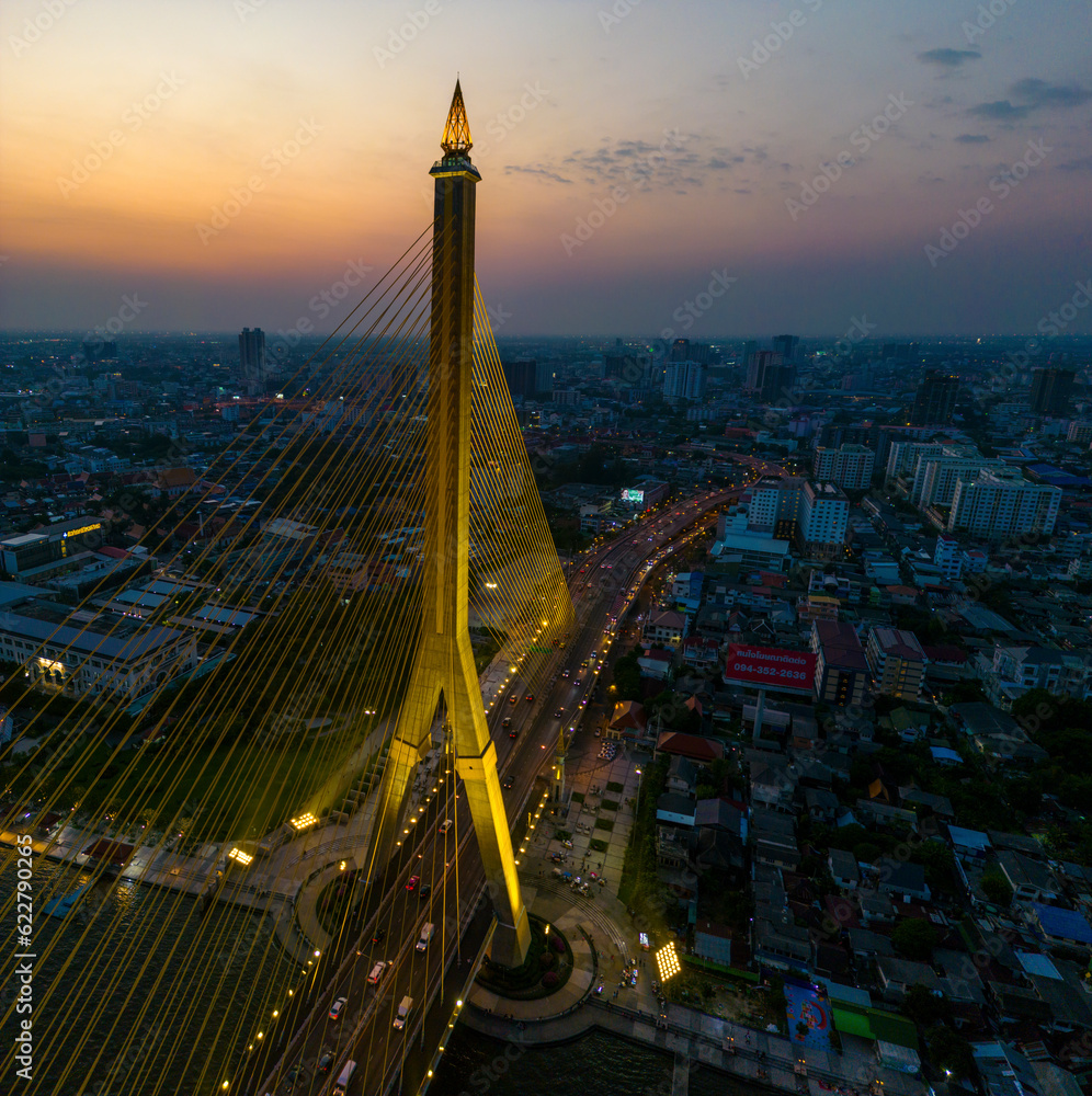 Aerial view of The Rama VIII Bridge, a cable-stayed bridge crossing the ...