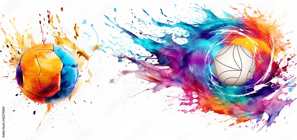 Two balls symbolizing ball games with colorful paint explosion on a ...