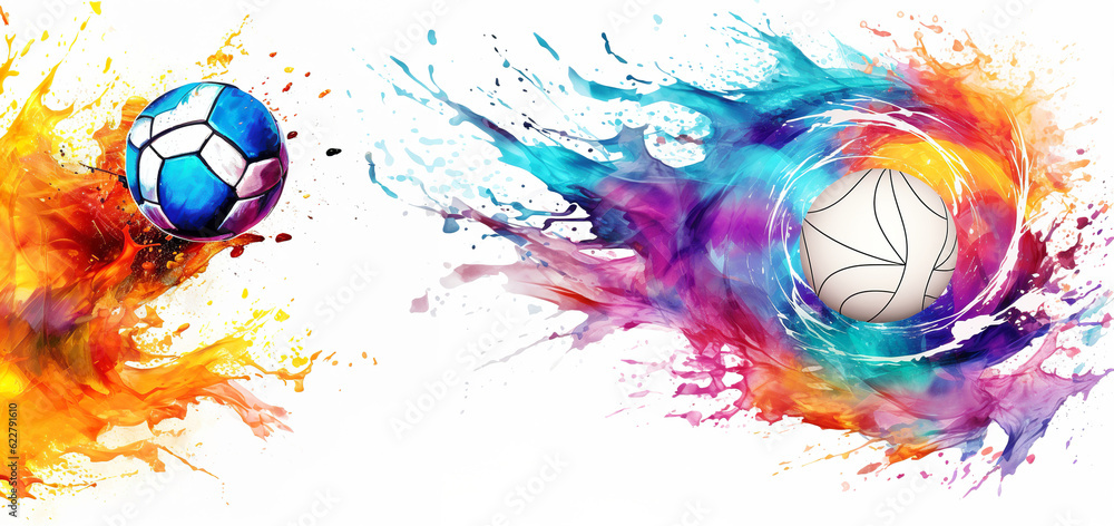 Two balls symbolizing ball games with colorful paint explosion on a ...