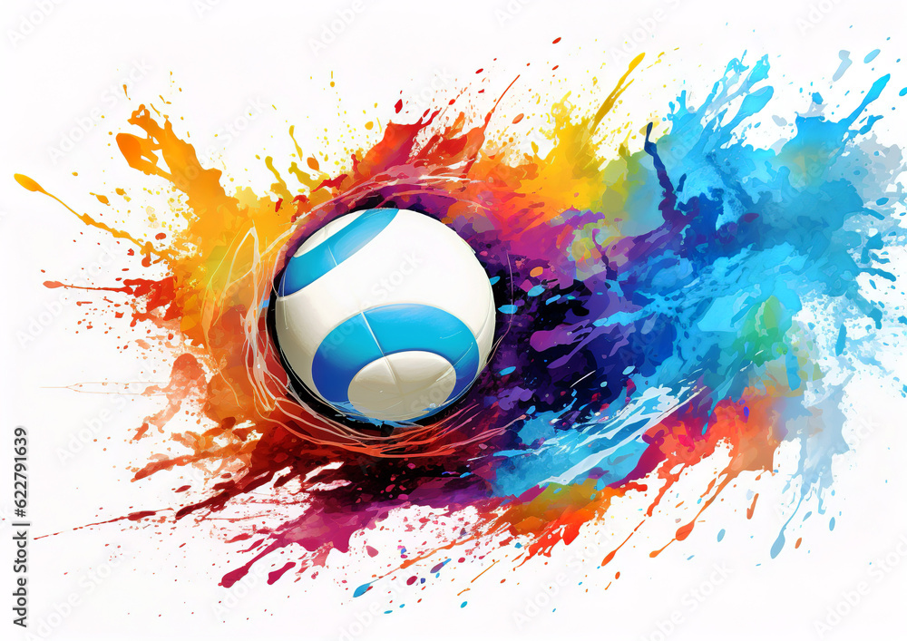 Ball games symbolizing a piece of ball with colorful paint explosion on ...